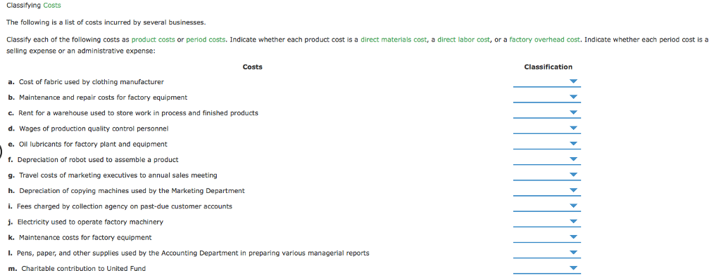 Solved Classifying Costs The following is a list of costs | Chegg.com