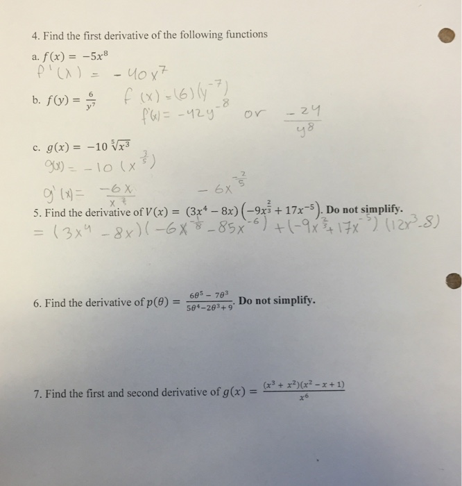 Solved Find the first derivative of the following functions | Chegg.com