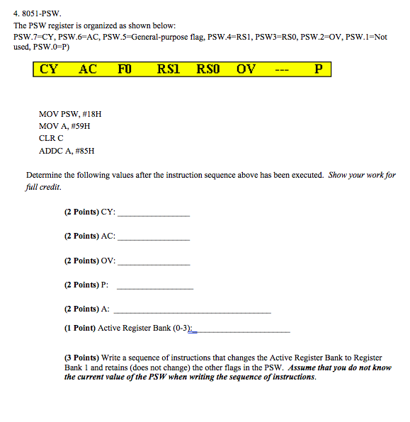 4. 8051-PSW The PSW register is organized as shown | Chegg.com