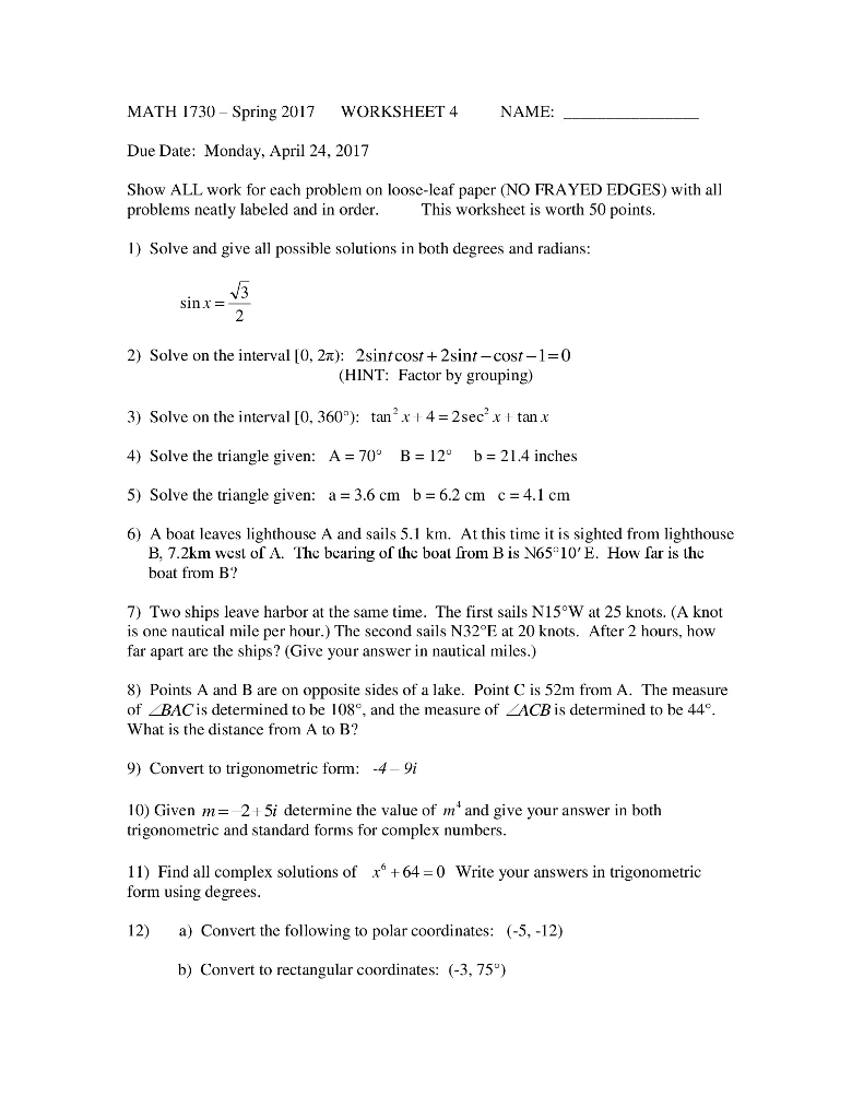 Solved MATH 1730 Spring 2017 WORKSHEET 4 NAME: Due Date: | Chegg.com