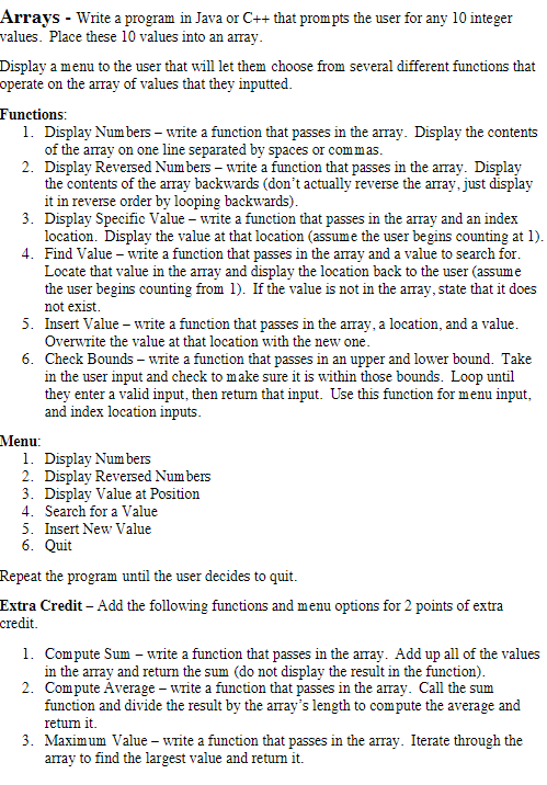 Solved Arrays - Write a program in Java or C++ that prompts | Chegg.com