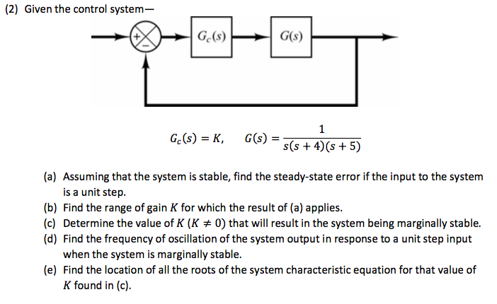 Solved Given the control system G_c(s) = K, G(s) = 1/(s + | Chegg.com