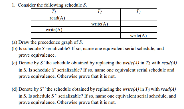 Solved 1. Consider the following schedule S TI T2 read(A) | Chegg.com