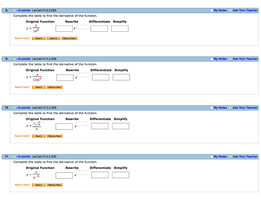 Solved 8. -4 points LarCalc10 2.2.025 Complete the table to | Chegg.com