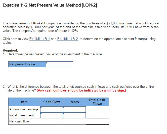 Solved Exercise 11-2 Net Present Value Method [LO11-2] The | Chegg.com