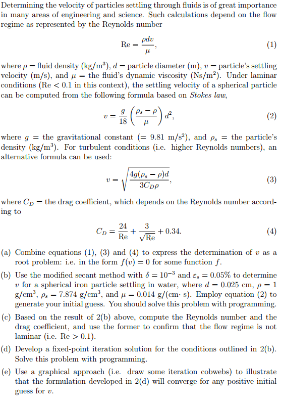 Determining the velocity of particles settling | Chegg.com