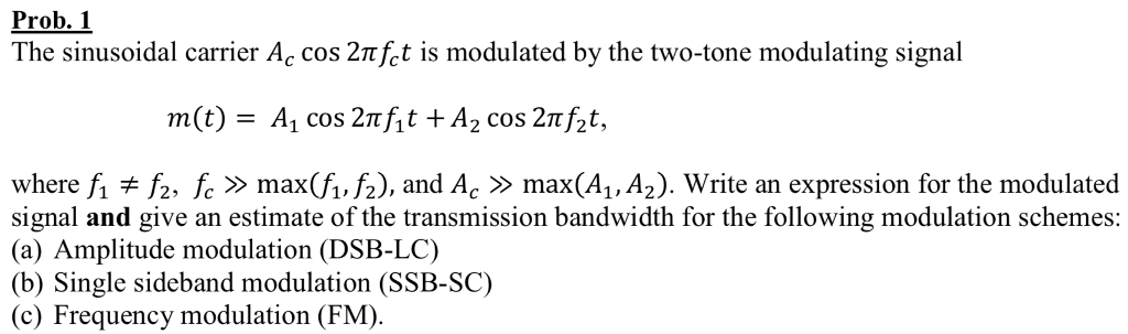 Solved Prob. 1 The sinusoidal carrier Ac cos 2Tt fet is | Chegg.com