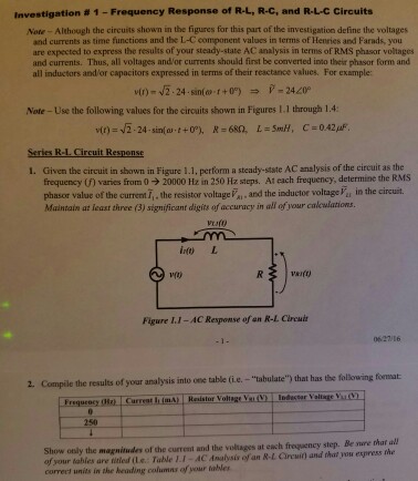 Solved Investigation # 1-Frequency Response of R-L, R-C, and | Chegg.com