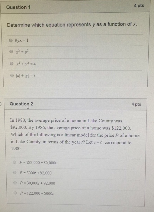 Solved 4 pts Question 1 Determine which equation represents | Chegg.com Solved 4 pts Question 1 Determine which equation represents | Chegg.com