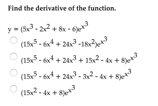 Solved Find the derivative of the function. y = (5x^3 - 2x^2 | Chegg.com