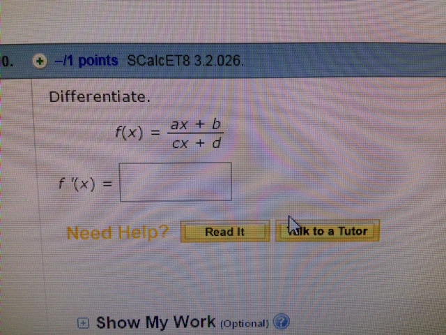 Solved Differentiate. f(x) = ax + b/cx + d | Chegg.com Solved Differentiate. f(x) = ax + b/cx + d | Chegg.com