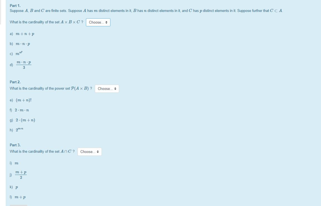 Solved Part 1 Suppose A, B and C are finite sets. Suppose A | Chegg.com