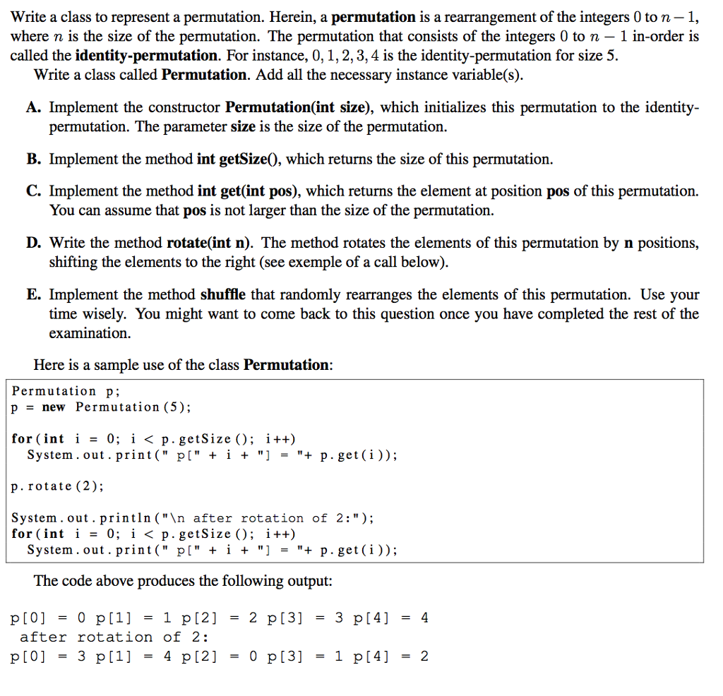Solved Write a class to represent a permutation. Herein, a | Chegg.com