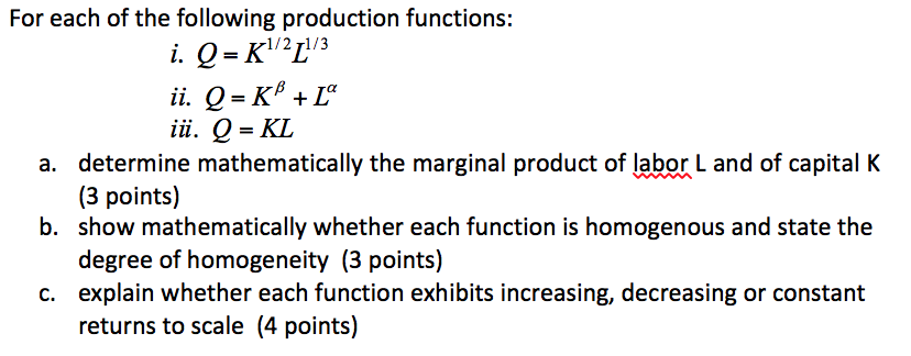 Solved For each of the following production functions: l. | Chegg.com