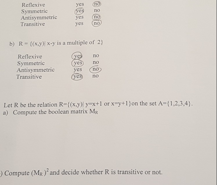 Solved Reflexive yes ymmetric Antisymmetric Transitive no | Chegg.com