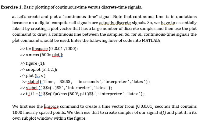 Solved Exercise 1. Basic plotting of continuous-time versus | Chegg.com