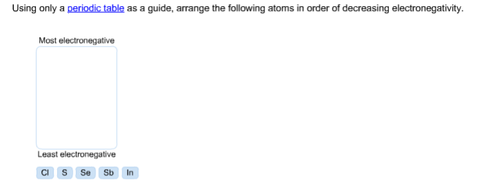 Solved Using only a periodic table as a guide, arrange the | Chegg.com