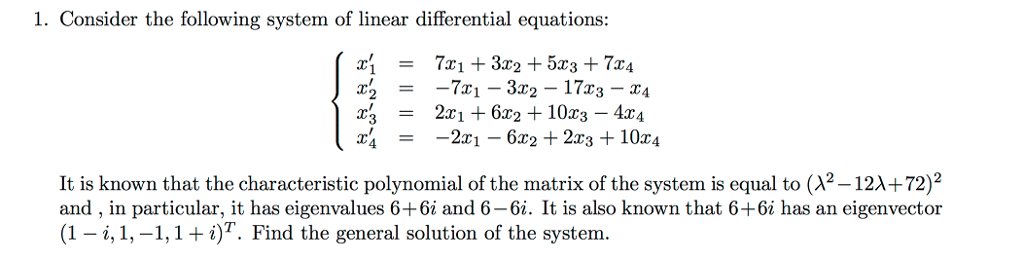 Consider the following system of linear differential | Chegg.com
