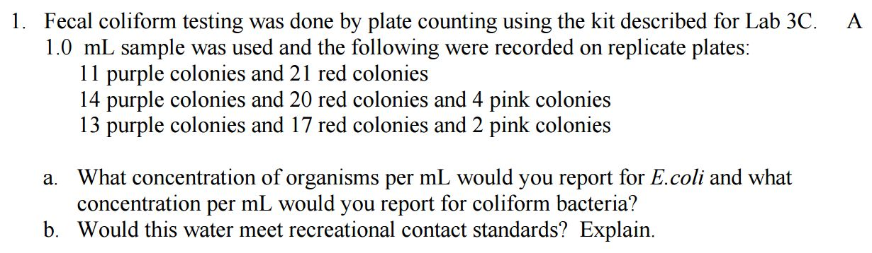 Solved Fecal coliform testing was done by plate counting | Chegg.com