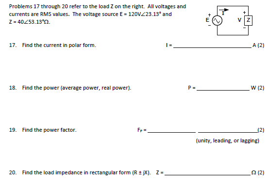 Solved Problems 17 through 20 refer to the load Z on the | Chegg.com
