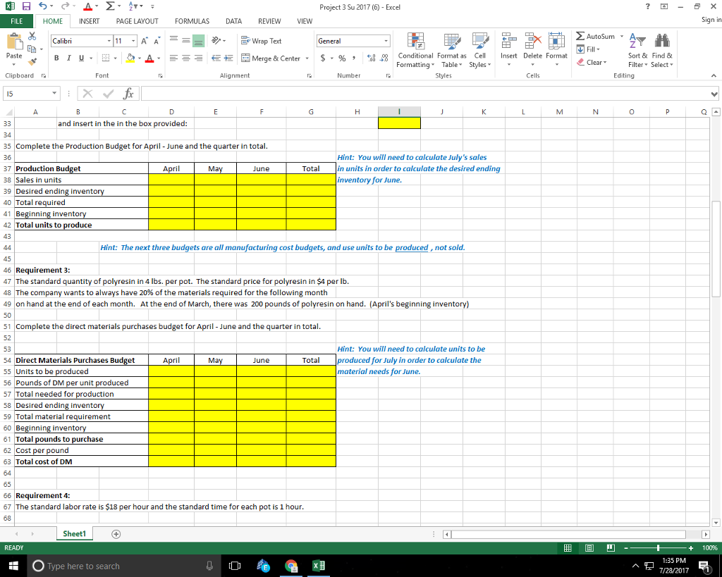 Project 3 Su 2017 (6) Excel FILE HOME INSERT PAGE | Chegg.com