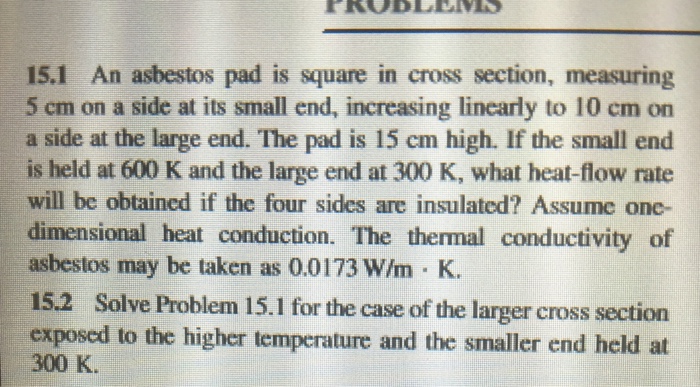Solved An asbestos pad is square in cross section, measuring | Chegg.com