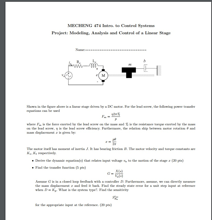 Solved MECHENG 474 Intro. to Control Systems Project: | Chegg.com