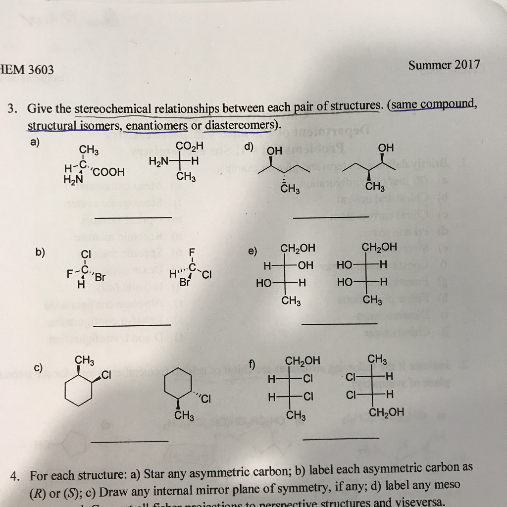 Solved Give the stereochemical relationships between each | Chegg.com