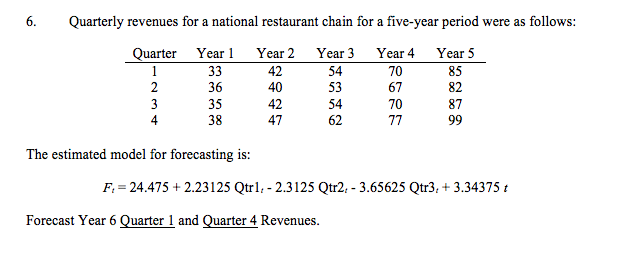 Solved 6. Quarterly revenues for a national restaurant chain | Chegg.com