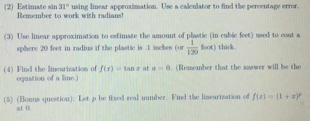Solved (2) Estimate sin 31 using linear approximation. Use | Chegg.com