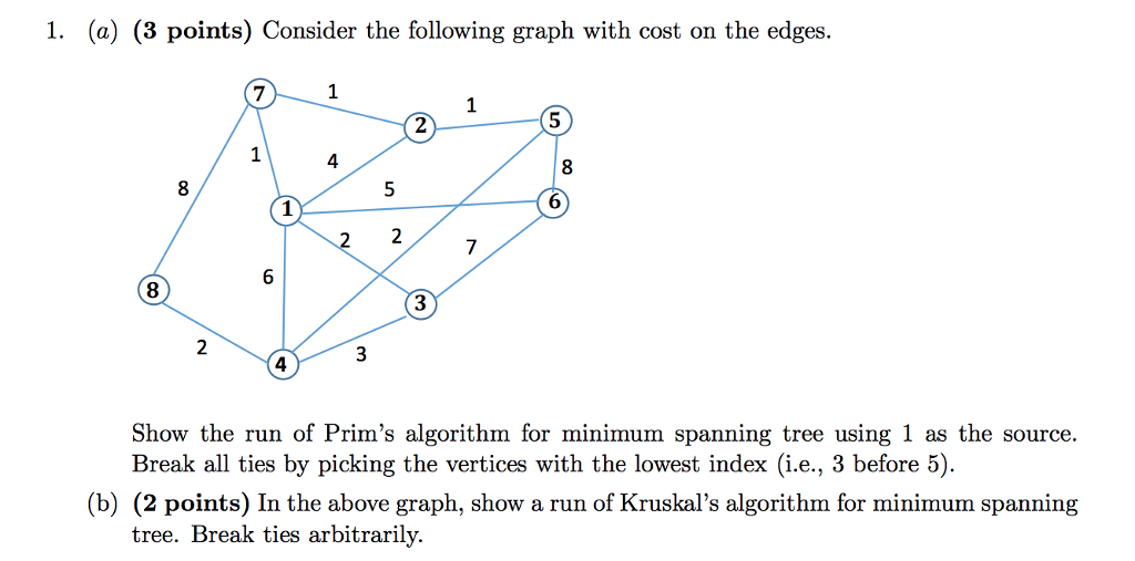 Solved 1. (a) (3 points) Consider the following graph with | Chegg.com