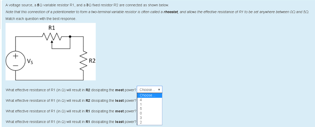 Solved A voltage source, a 52 variable resistor R1, and a 32 | Chegg.com