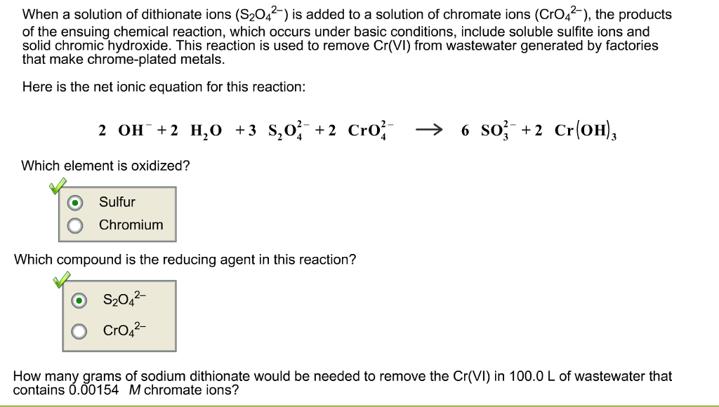 Solved When a solution of dithionate ions (S2O42-) is added | Chegg.com