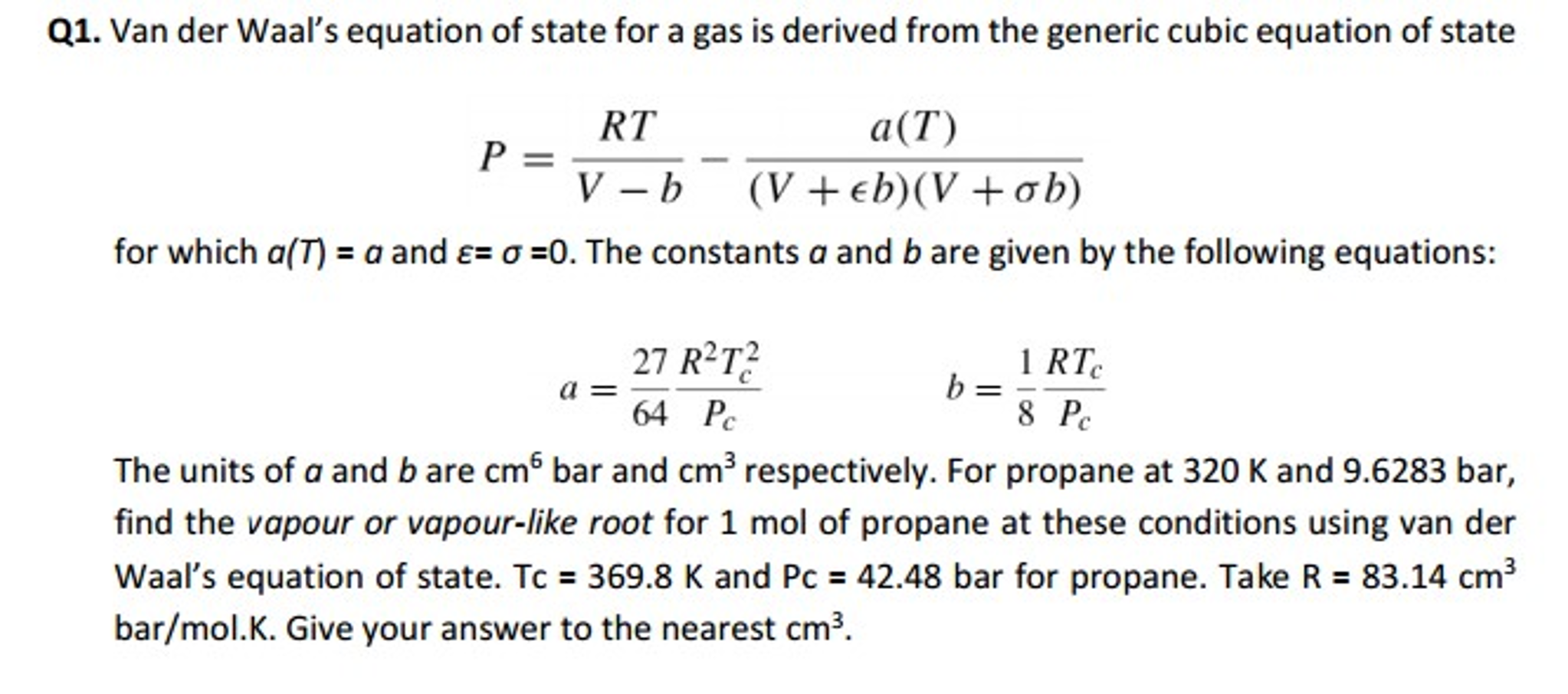 Solved Van der Waal's equation of state for a gas is derived | Chegg.com