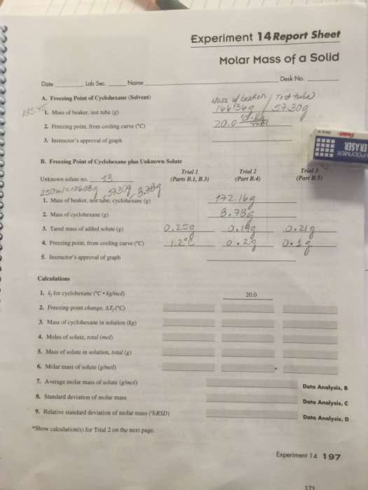 Solved Freezing Point of Cyclohexane (Solvent) Mass of | Chegg.com