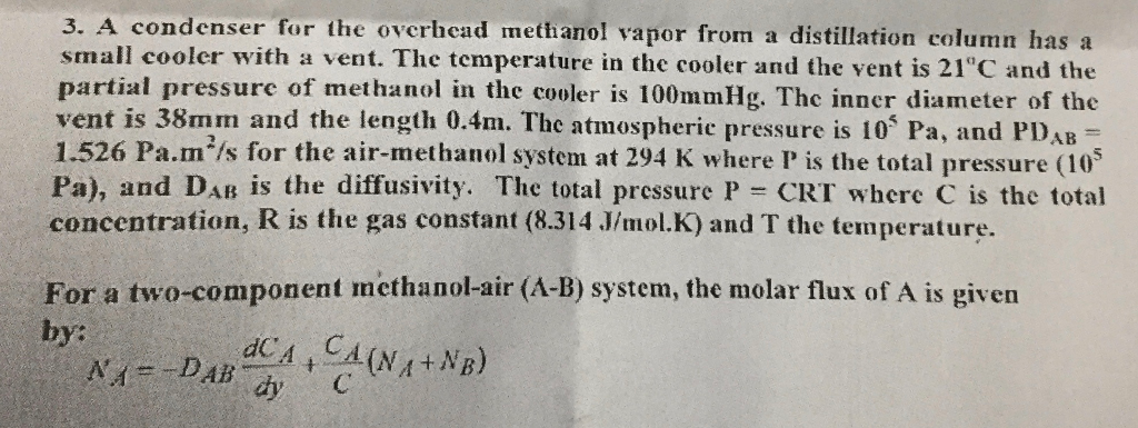 Solved 3. A condenser for the overhead methanol vapor from a | Chegg.com