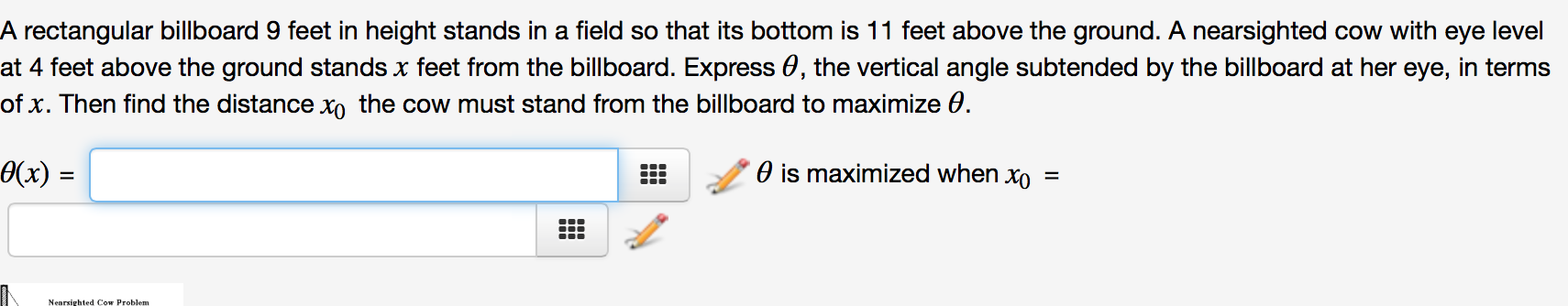 Solved A rectangular billboard 9 feet in height stands in a | Chegg.com