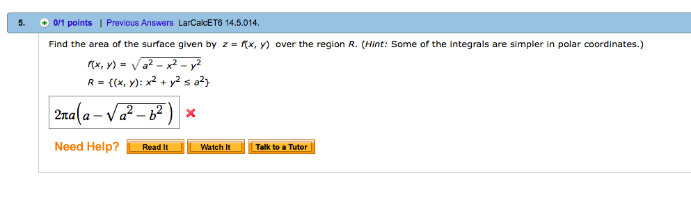 Solved 5. 0/1 points | Previous Answers LarCalcET6 14.5.014 | Chegg.com