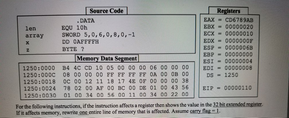 Source Code Registers EAX CD6789AB EBX = 00000020 ECX | Chegg.com