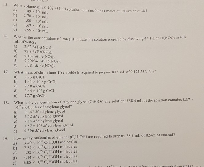 Solved 15. What volume of a 0.402 M LiCI solution contains | Chegg.com