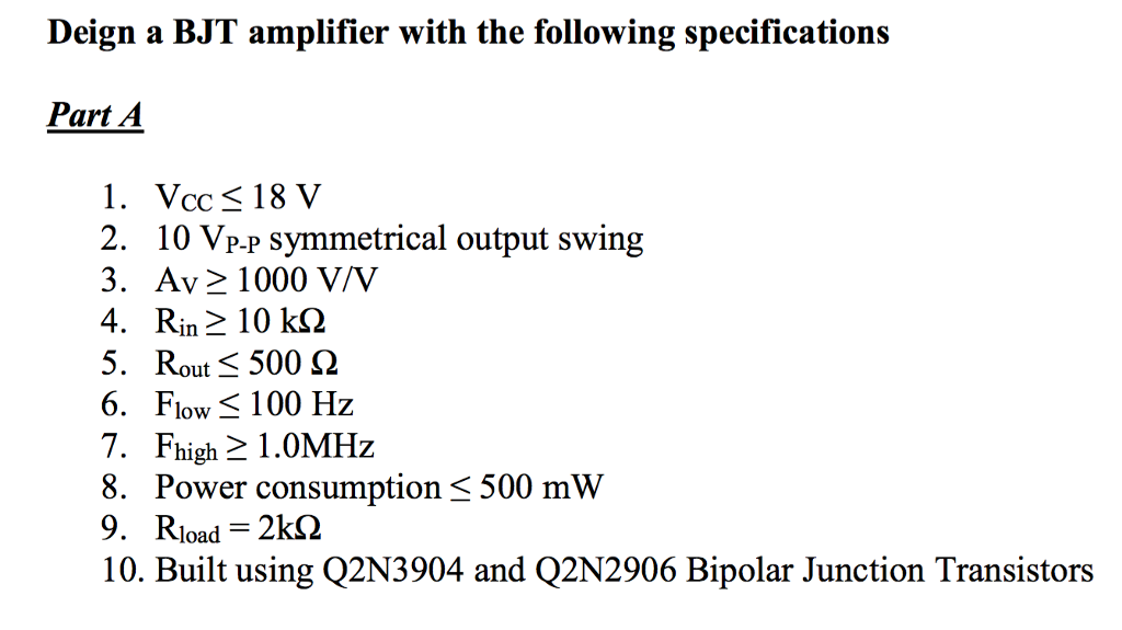 Solved Deign a BJT amplifier with the following | Chegg.com