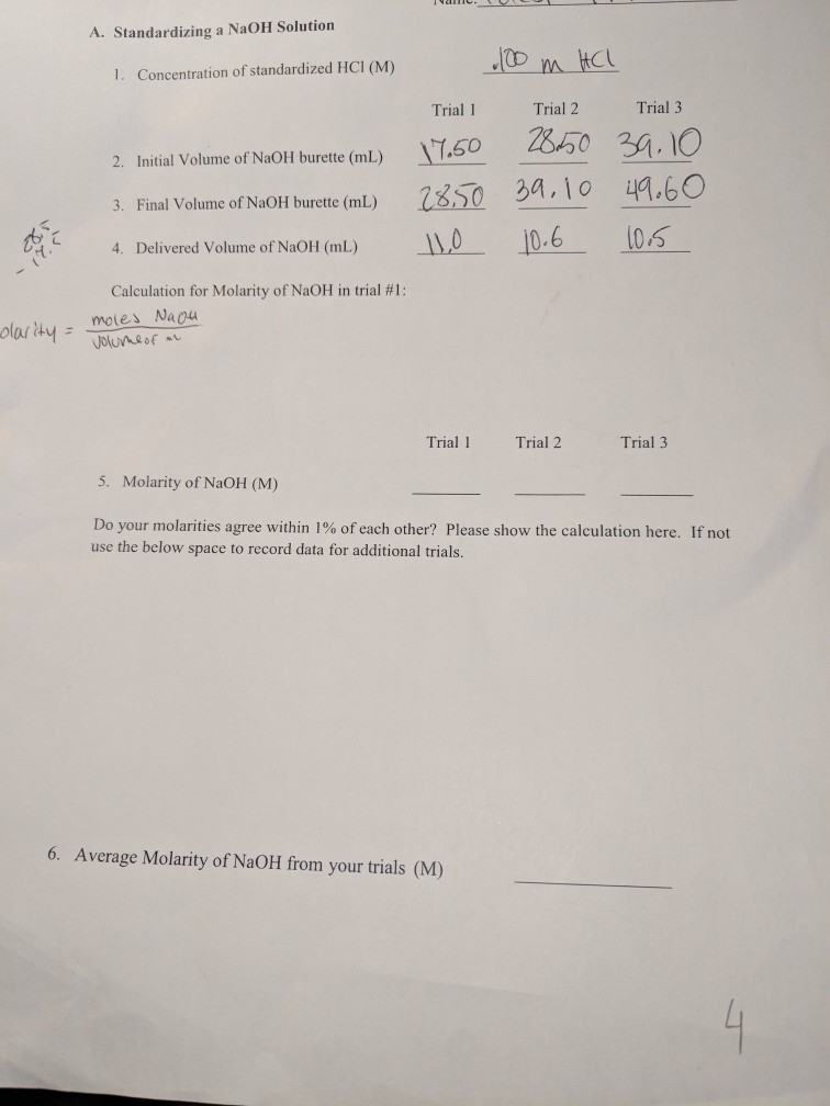 Solved A. Standardizing a NaOH Solution 1. Concentration of | Chegg.com