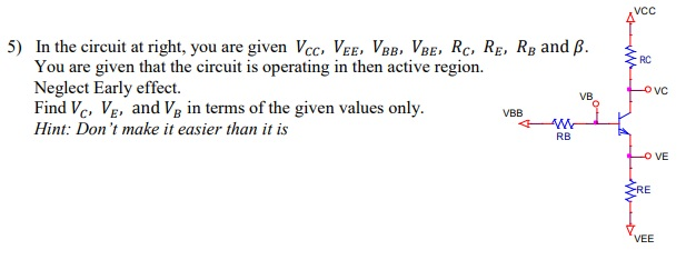 Solved VCC In the circuit at right, you are given Vcc, VEE, | Chegg.com