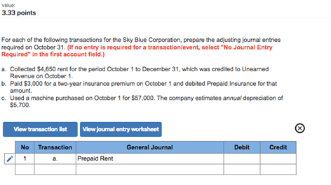 Solved For each of the following transactions for the Sky | Chegg.com