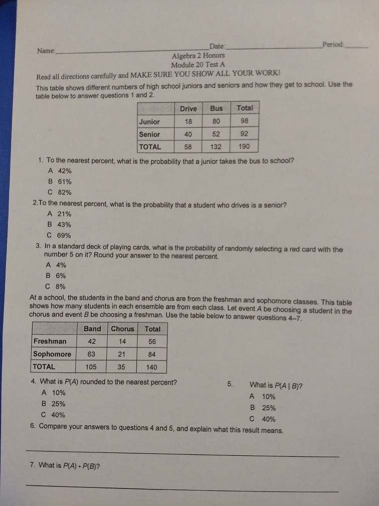 Solved Date Algebra 2 Honors Module 20 Test A Name: Read all | Chegg.com