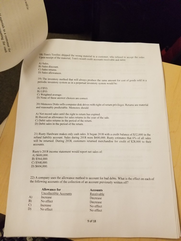 Solved 18) Tom's Textiles shipped the wrong material to a | Chegg.com