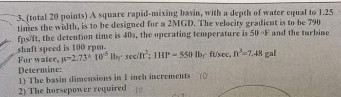 Solved A square rapid-mixing basin, with a depth of water | Chegg.com