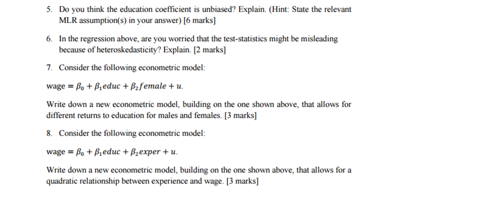 Consider the following econometric model wage = | Chegg.com