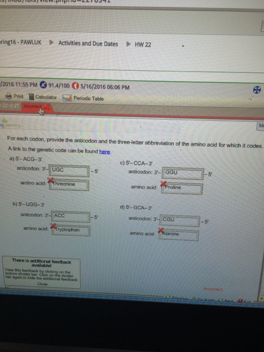 Solved Foe each codon, provide the anticodon and the | Chegg.com