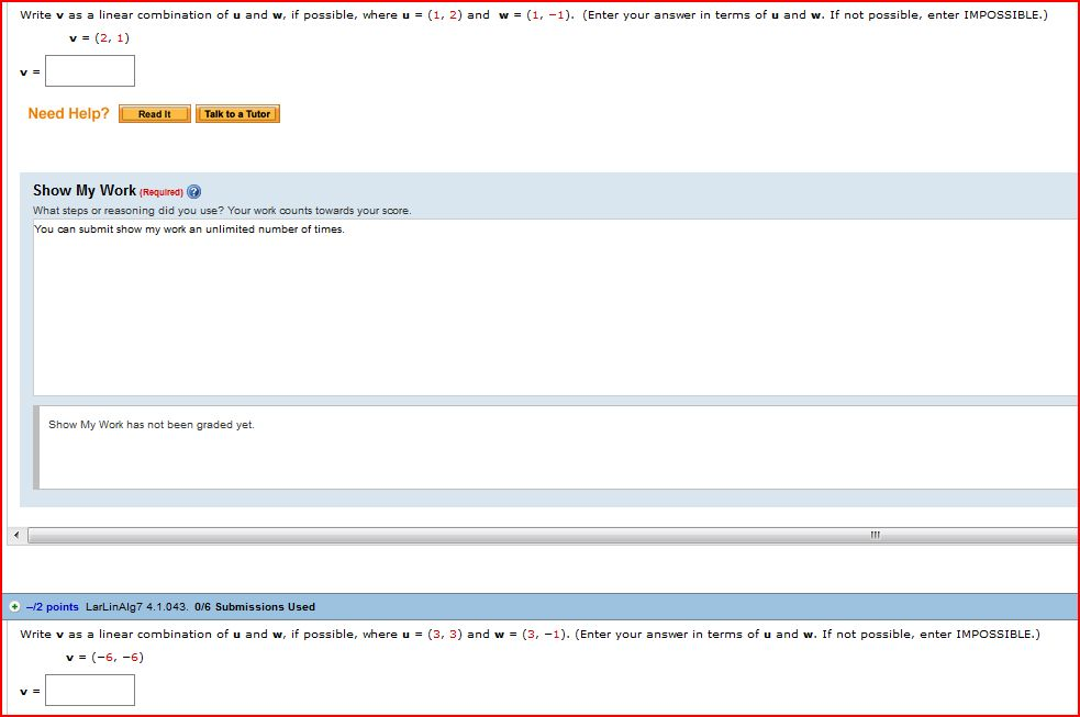 Solved Write V As A Linear Combination Of U And W If